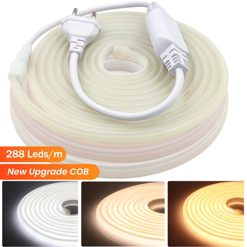 220V COB LED 스트립 방수 야외 네온 라이트, 슈퍼 브라이트 288Leds 고밀도 유연한 LED 테이프 CRI90 ...