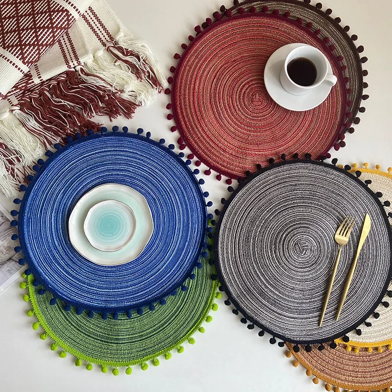 Cotton-Yarn-Round-Table-Mat-With-Ball-Tassel-Semi-Hand-Dining-Tableware ...