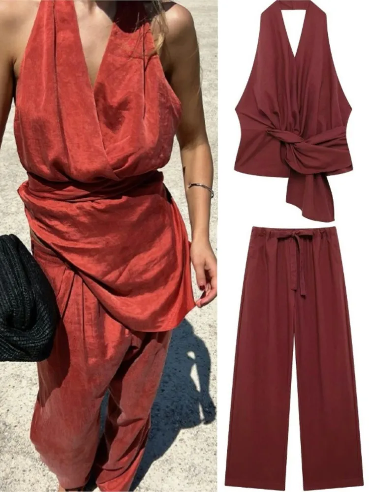 Vintage-Halter-Backless-Top-Pants-Set-for-Women-Elegant-Lace-up-V-neck ...