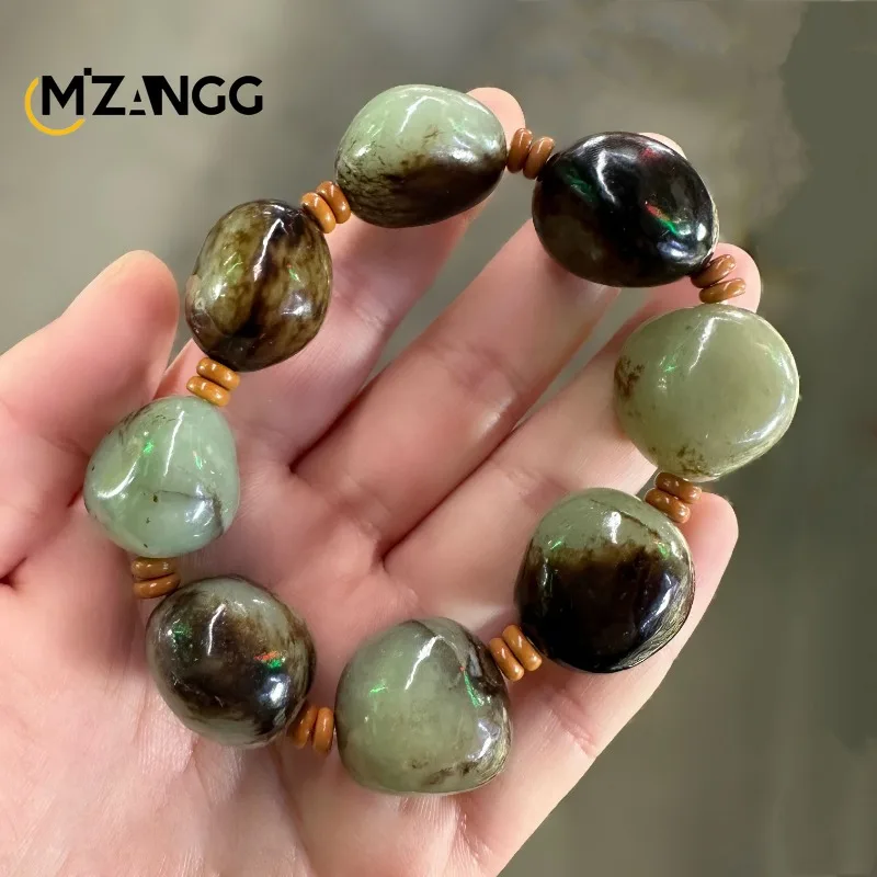 Natural-Hetian-Jade-Original-Stone-Bracelet-with-Carved-Black-Leather ...