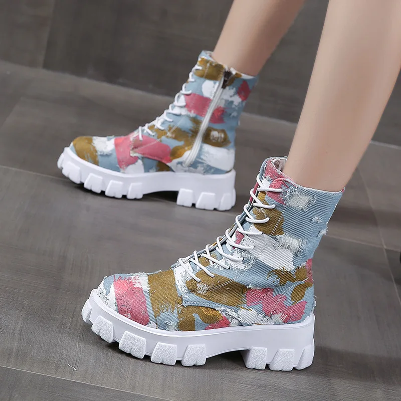 New Denim Women Boots Ladies Chunky Heel Platform Round Toe Shoes Denim ...