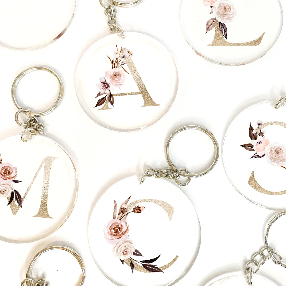 Gold Initials Flower Print Keychain Circle Monogram Acrylic Keyring ...
