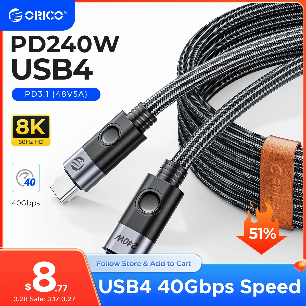 ORICO-240W-Cable-USB4-Type-C-Fast-Charging-Cord-40Gbps-Data-Transfer-8K ...
