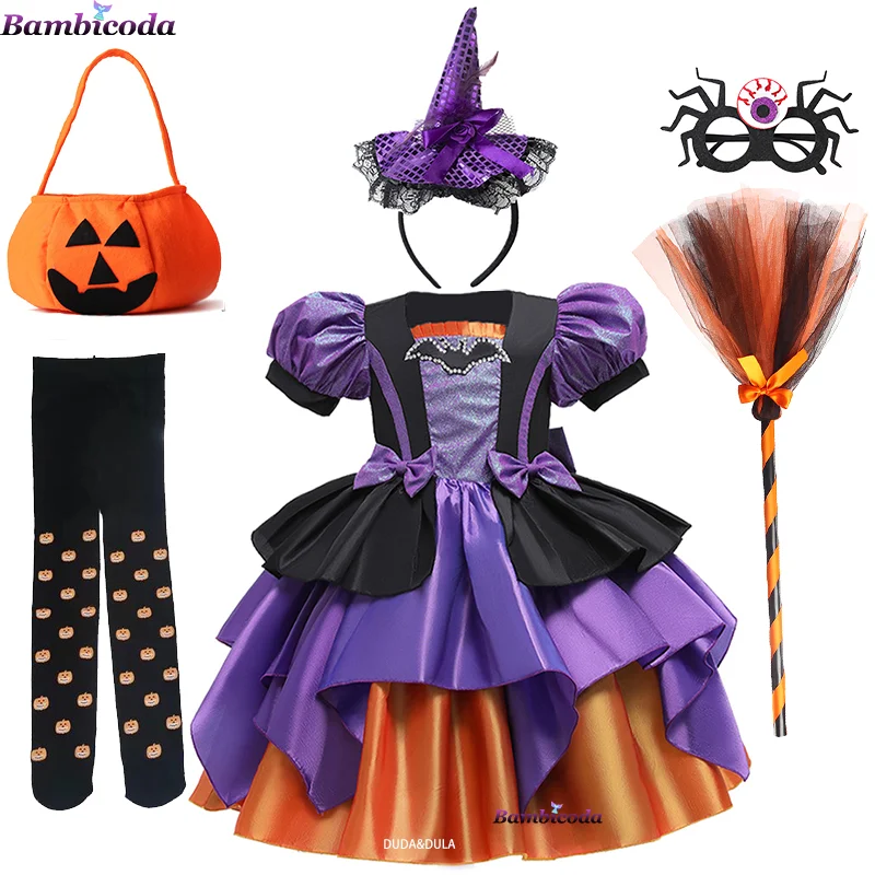 Girls Fancy Pumpkin Halloween Dress Kids Cosplay Bat Print Witch ...