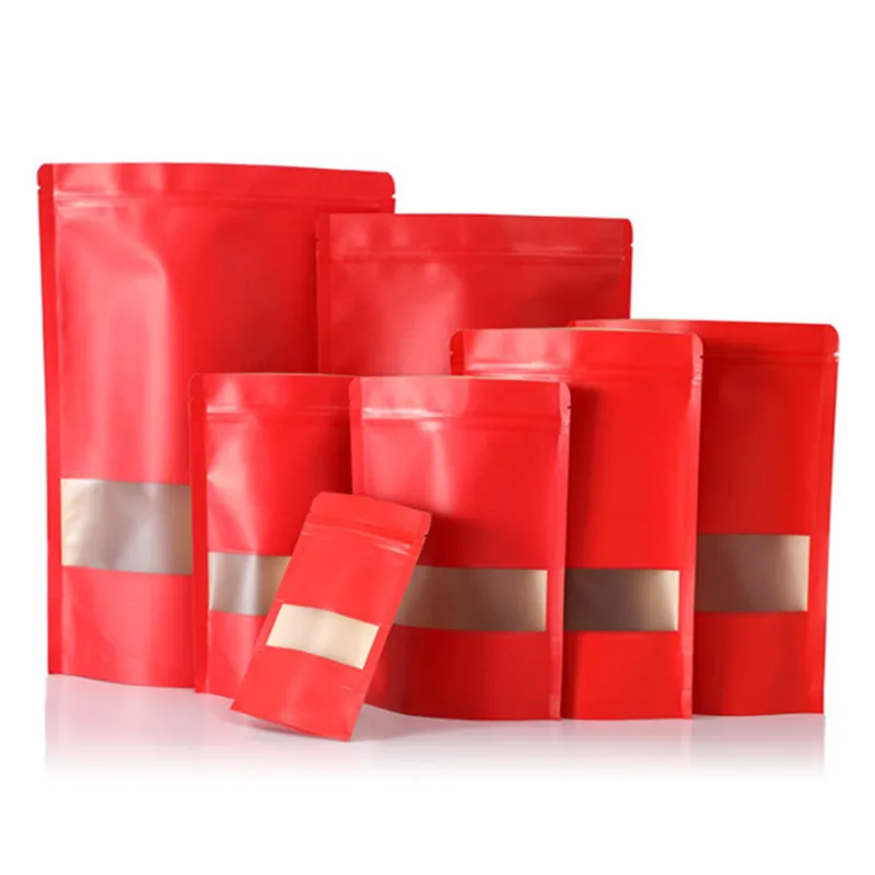 100PCS-Red-Kraft-Paper-Frosted-Window-Ziplock-Packaging-Bag-Resealable ...