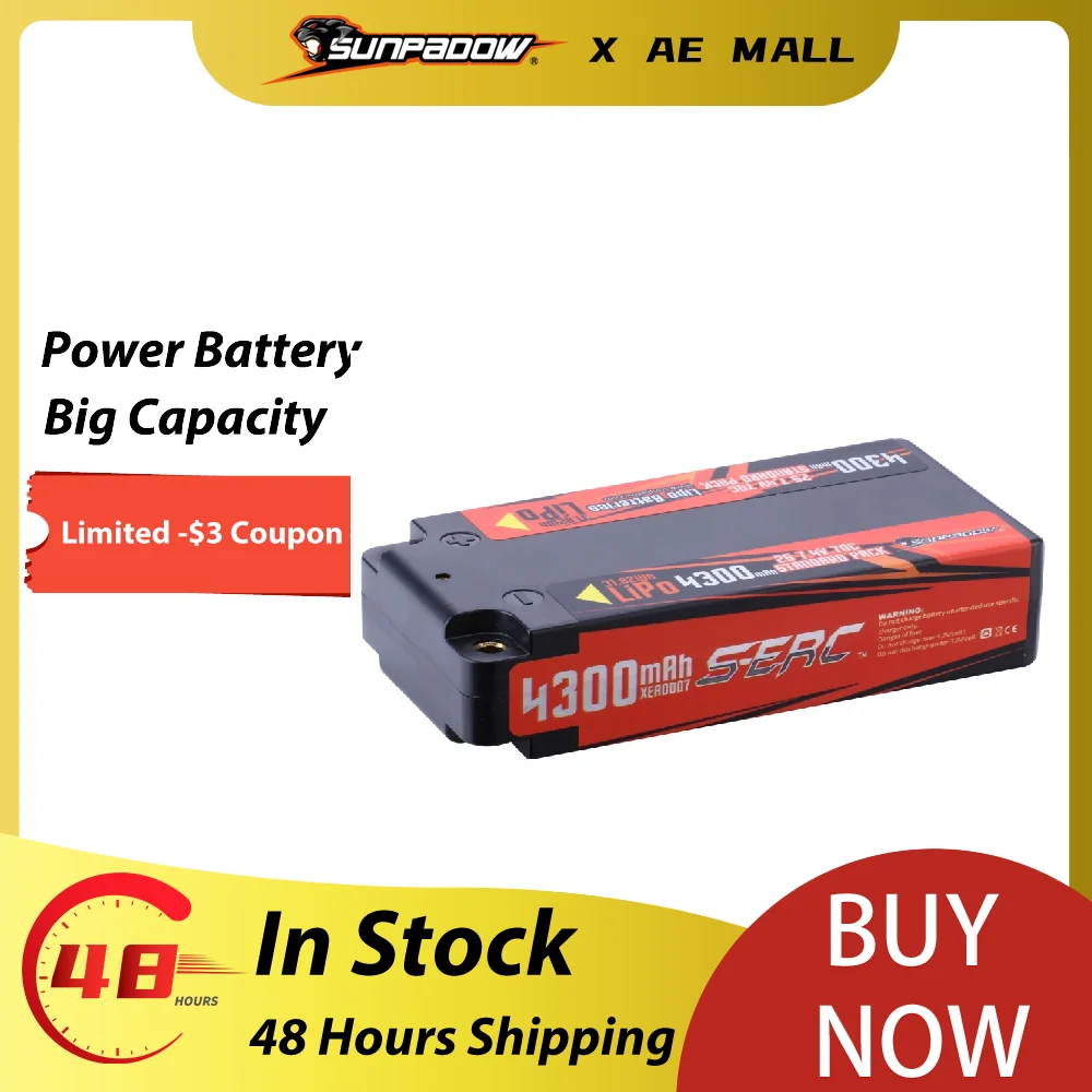 Sunpadow 2S 7.4V Shorty Lipo Battery 4300mAh 70C Hard Case with 4mm Bullet for RC 1/8 1/10 Scale ...