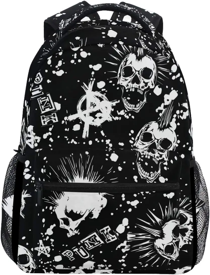 White-Punk-Skull-Mohawk-Hair-Black-Vintage-Backpacks-Bookbags-Daypack ...