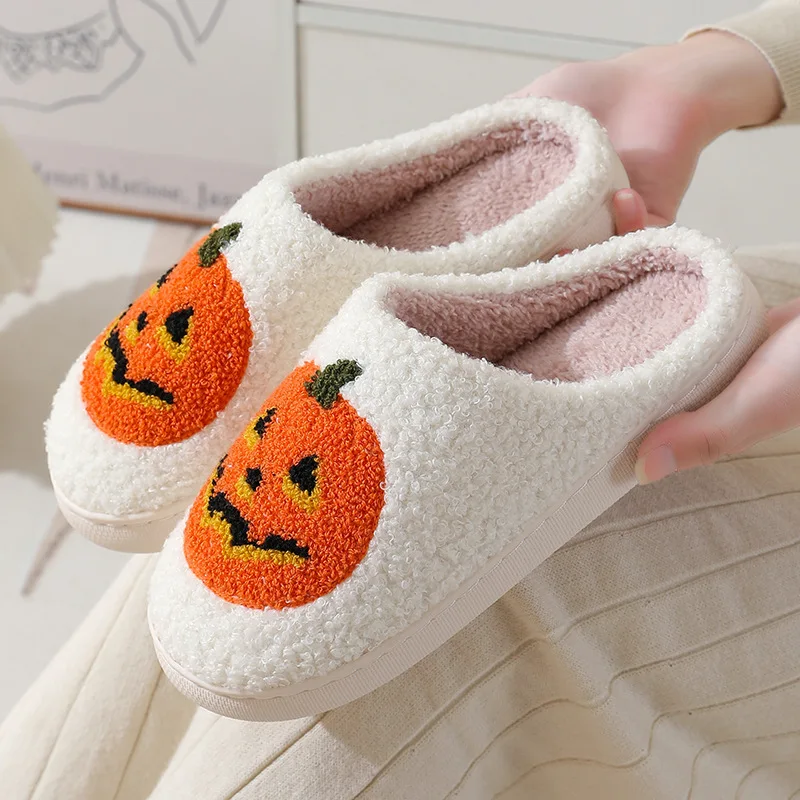 Halloween-Pumpkin-Plush-Slipper-Funny-Ghost-Fluffy-Slippers-Indoor-Warm ...