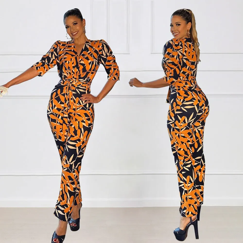 European-Fashion-Deep-V-Neck-Leaf-Print-Sexy-Jumpsuit-Summer-Casual ...