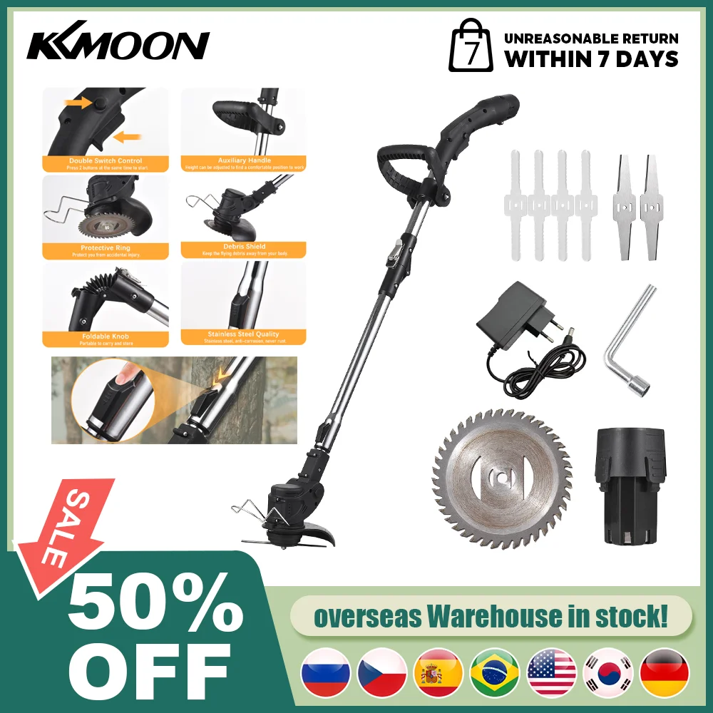 12v 무선 잔디 트리머 높이 조절 텔레스코픽 전기 잔디 깎는 기계 전기 잡초 Wacker 가지 치기 정원 도구