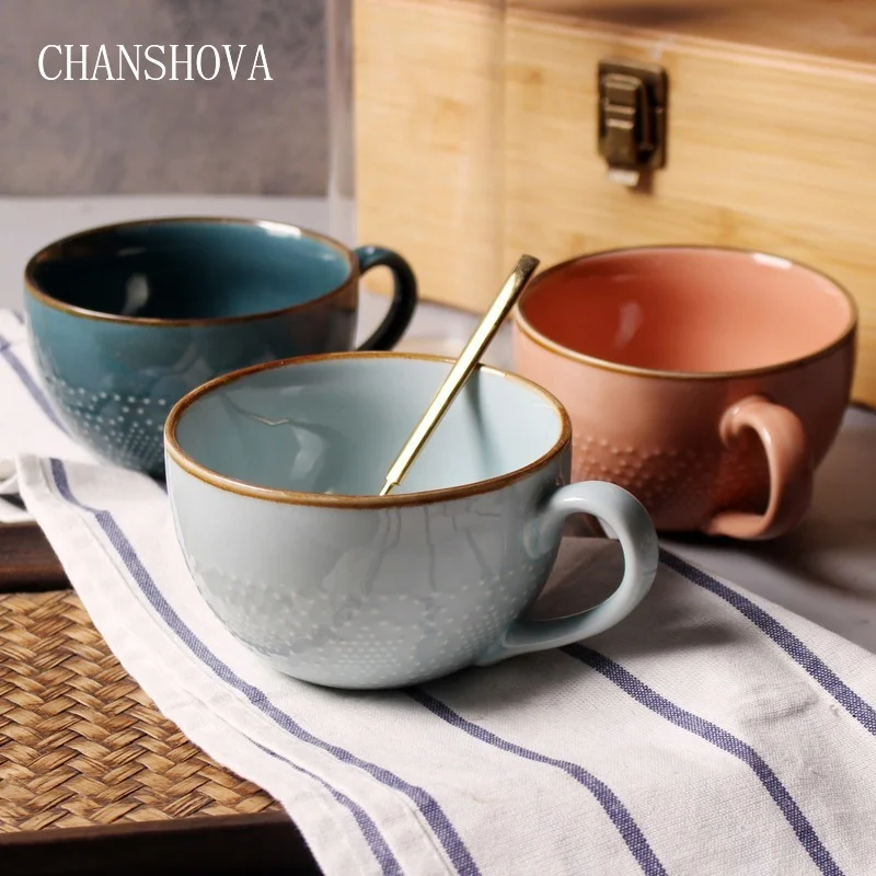 CHANSHOVA, Taza de cerámica con relieve de Color sólido de estilo moderno de 170/400ml, tazas de ...