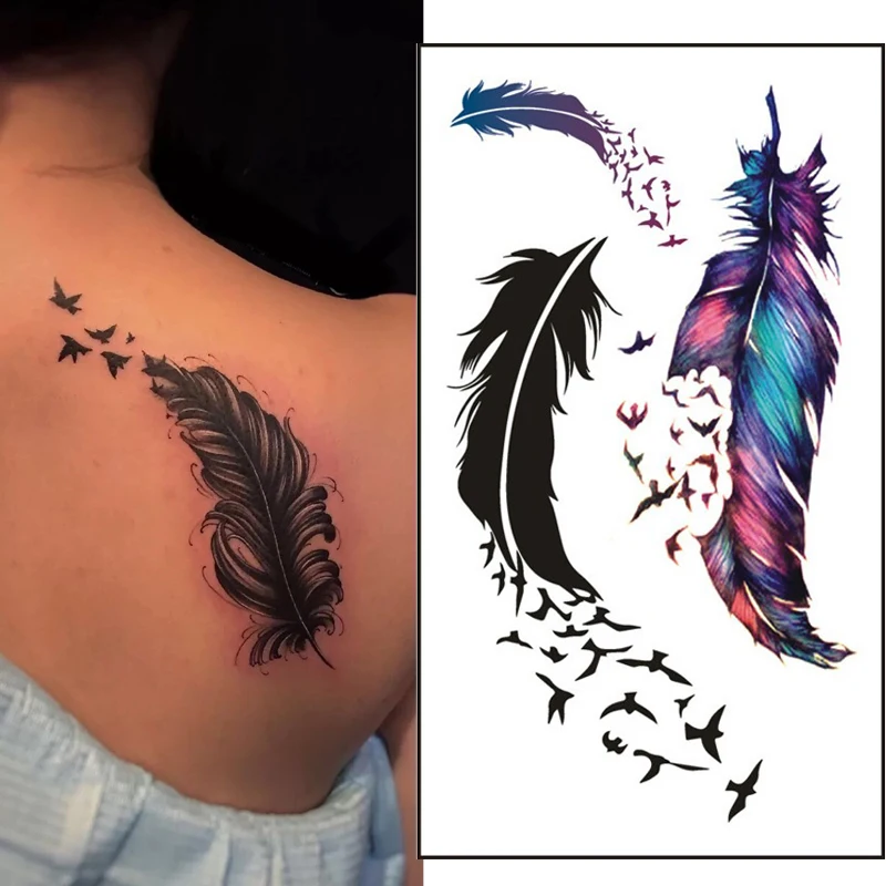Feather Tattoo With Birds On Shoulder