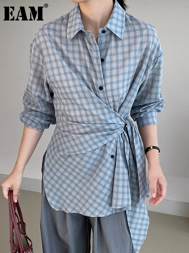 EAM-Blue-Plaid-Irregular-Knot-Casual-Blouse-Women-New-Lapel-Long-Sleeve ...