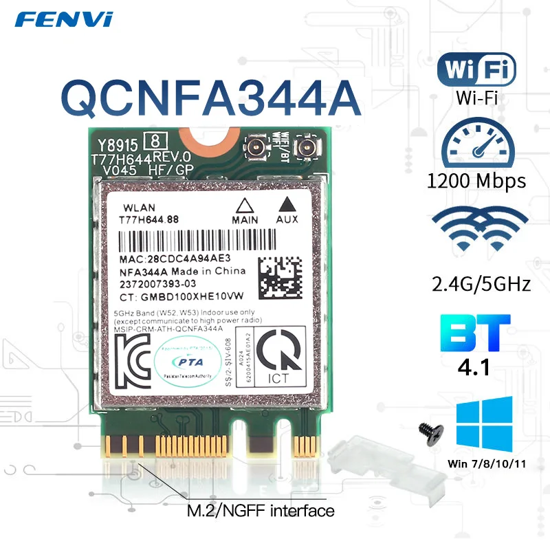 QCNFA344A 867Mbps 802.11AC For Bluetooth 4.1 WLAN Wireless WiFi Card ...