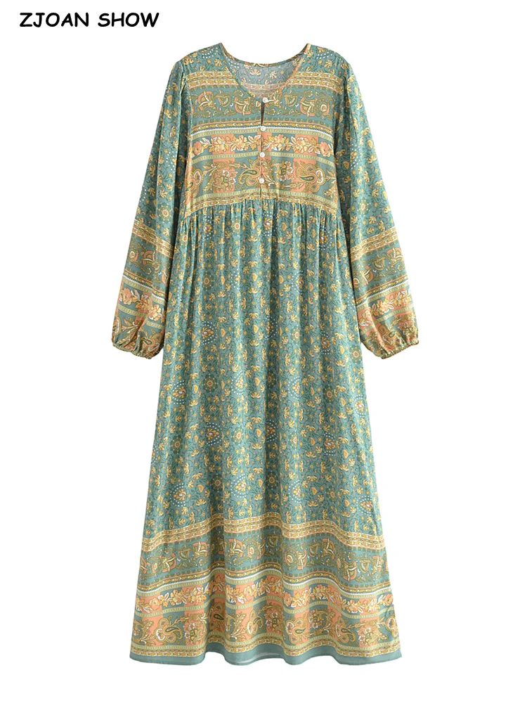 2022 BOHO Open Buttons Round Collar Flower Print Dress Woman Hit Color ...