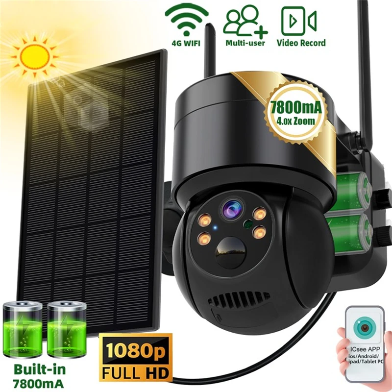 4MP WiFi Câmera De Vigilância Solar Com Painel Solar PTZ Sem Fio Solar ...
