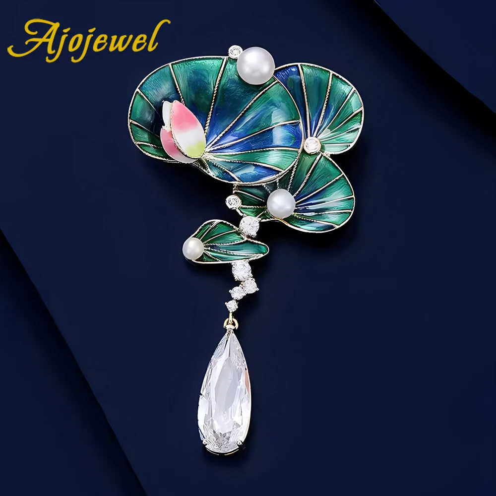Ajojewel Vintage Chinese Style Lotus Flower Brooch Pearl Enamel Green ...
