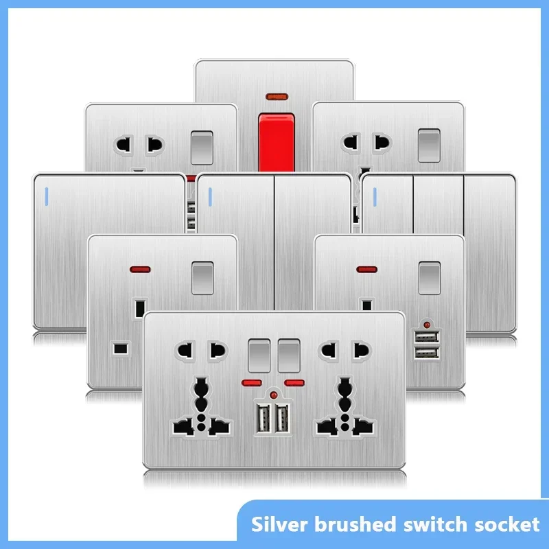 Silver-UK-Light-Wall-Switches-Sockets-1Gang-2Way-British-Standard-13amp ...