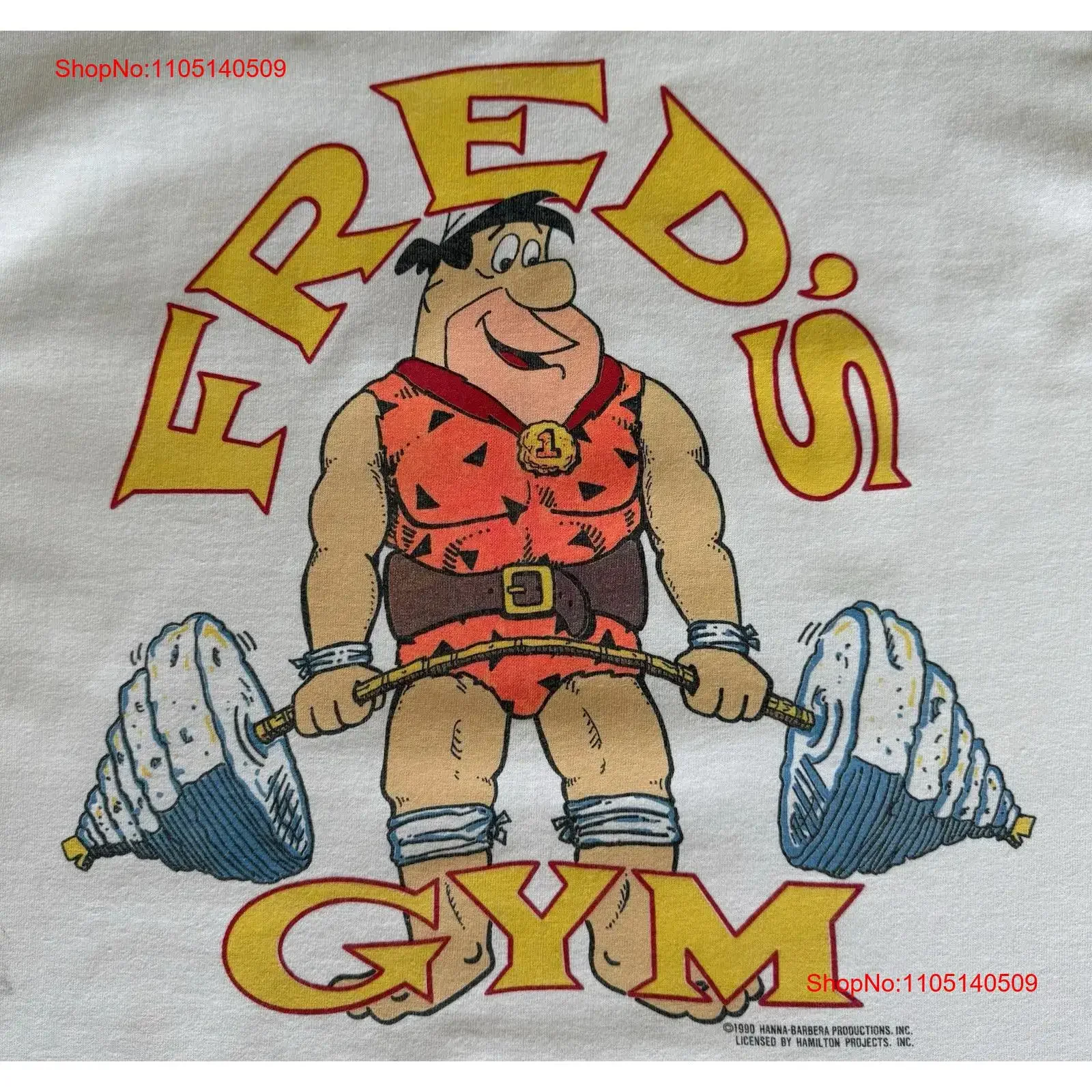 VINTAGE FREDS GYM T SHIRT 1990 BODYBUILDING FRED FLINTSTONE GOLDS WORLD ...