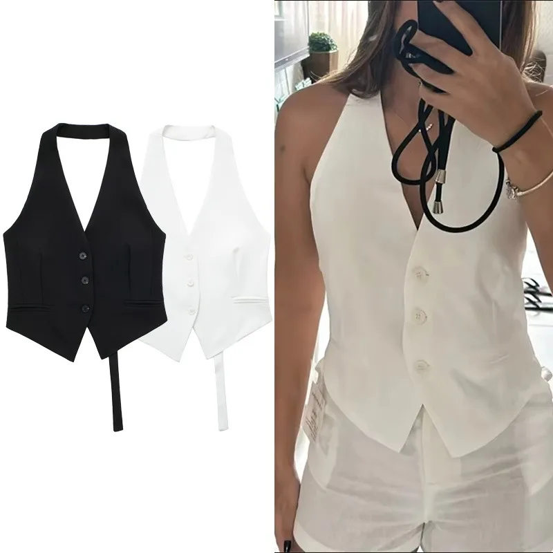 Women's Off Shoulder Sleeveless Vest Summer Black White Halter Cropped ...