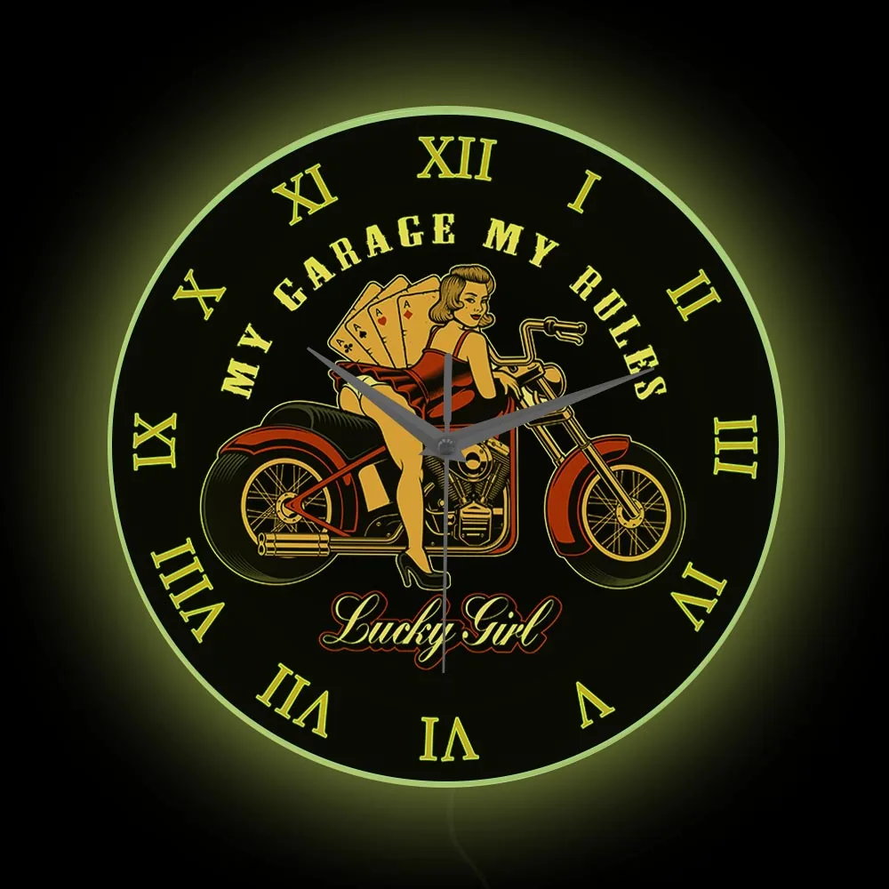 Retro-Pinup-Girl-With-Motorcycle-LED-Neon-Wall-Clock-For-Garage-Man ...
