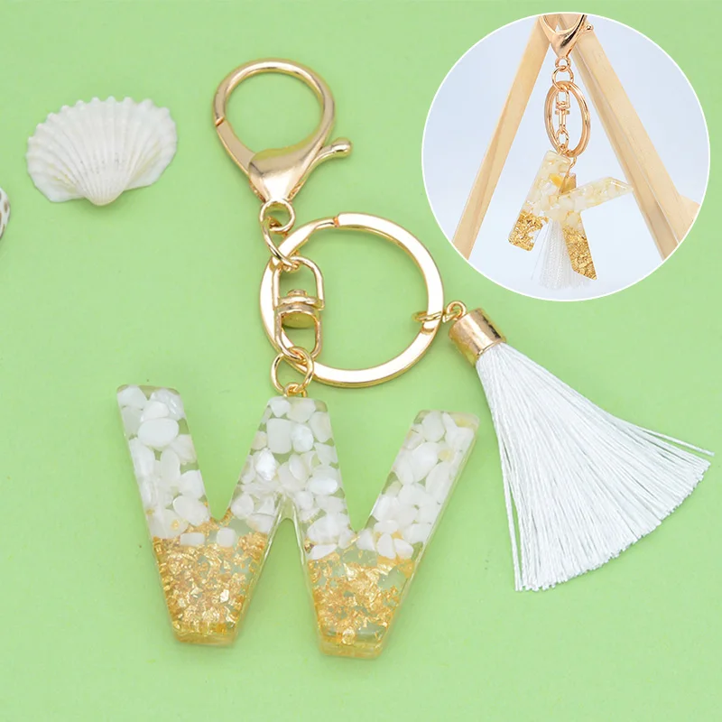 White Tassel Alphabet Keychain A-z English Letter Glitter Gradient ...