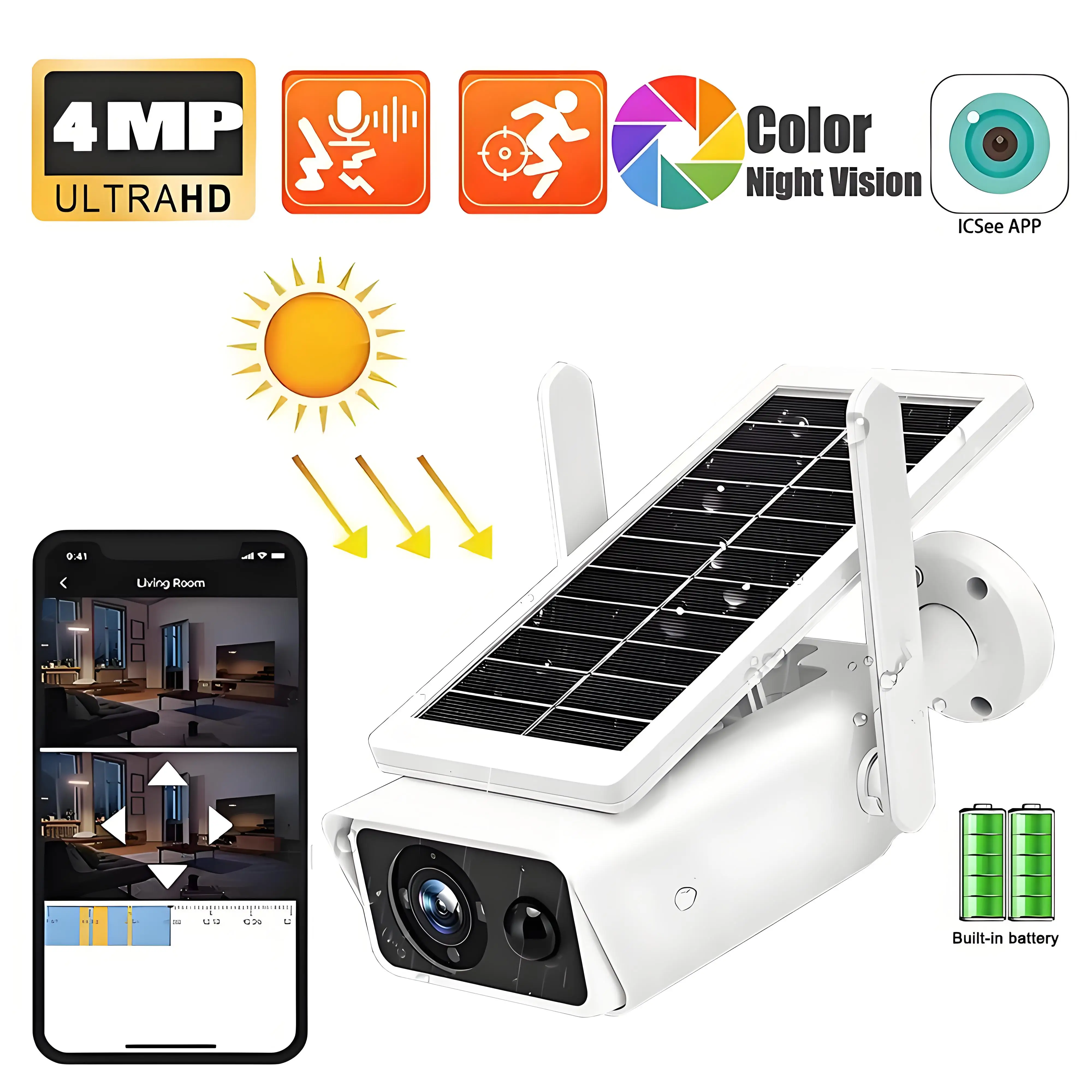 4MP Wifi Solar Camera Wireless Built Battery Power Outdoor 4K 8MP IP ...