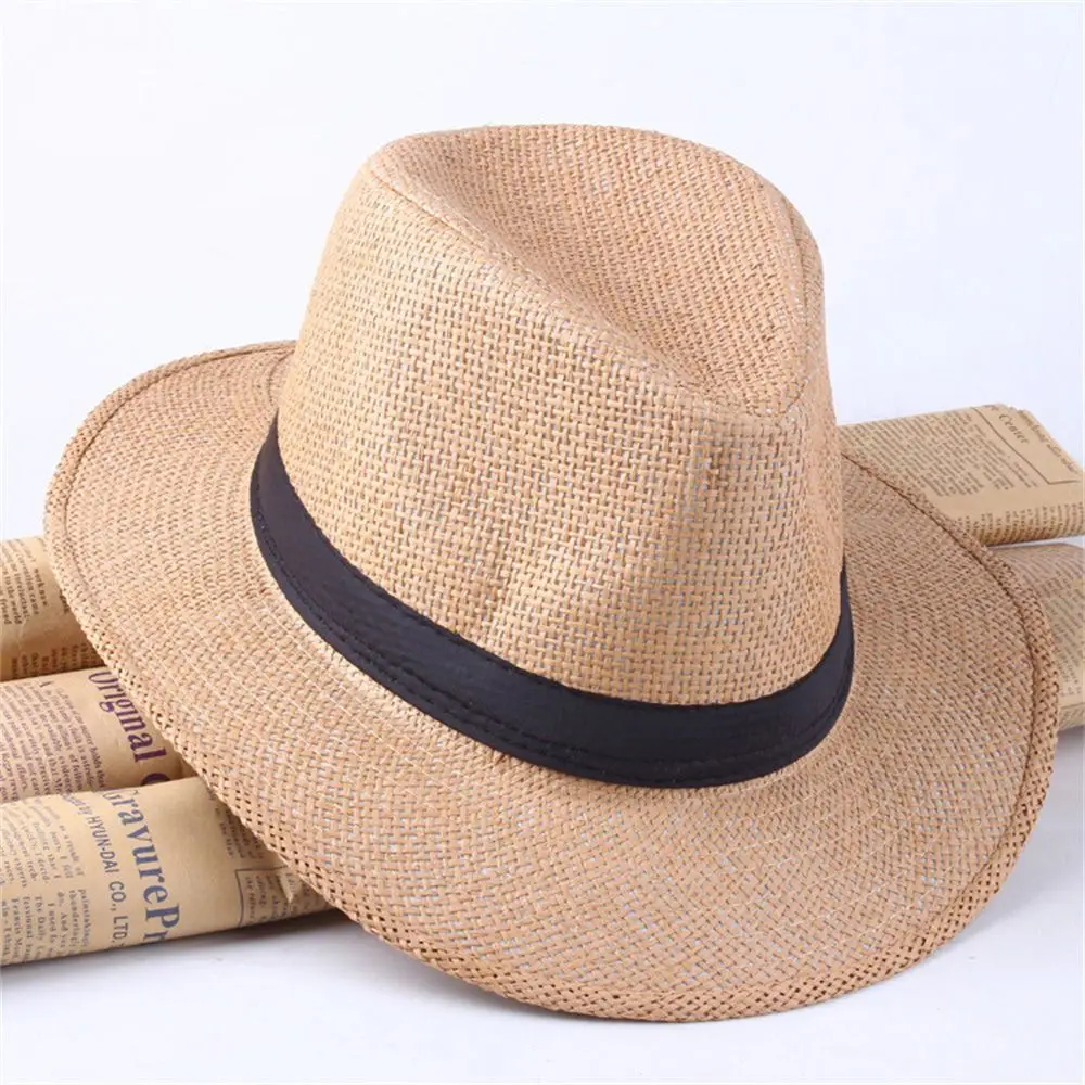 Fashion Men Straw Hat Handmade Beach Wide Brim Sunhat Summer Cowboy Cap ...