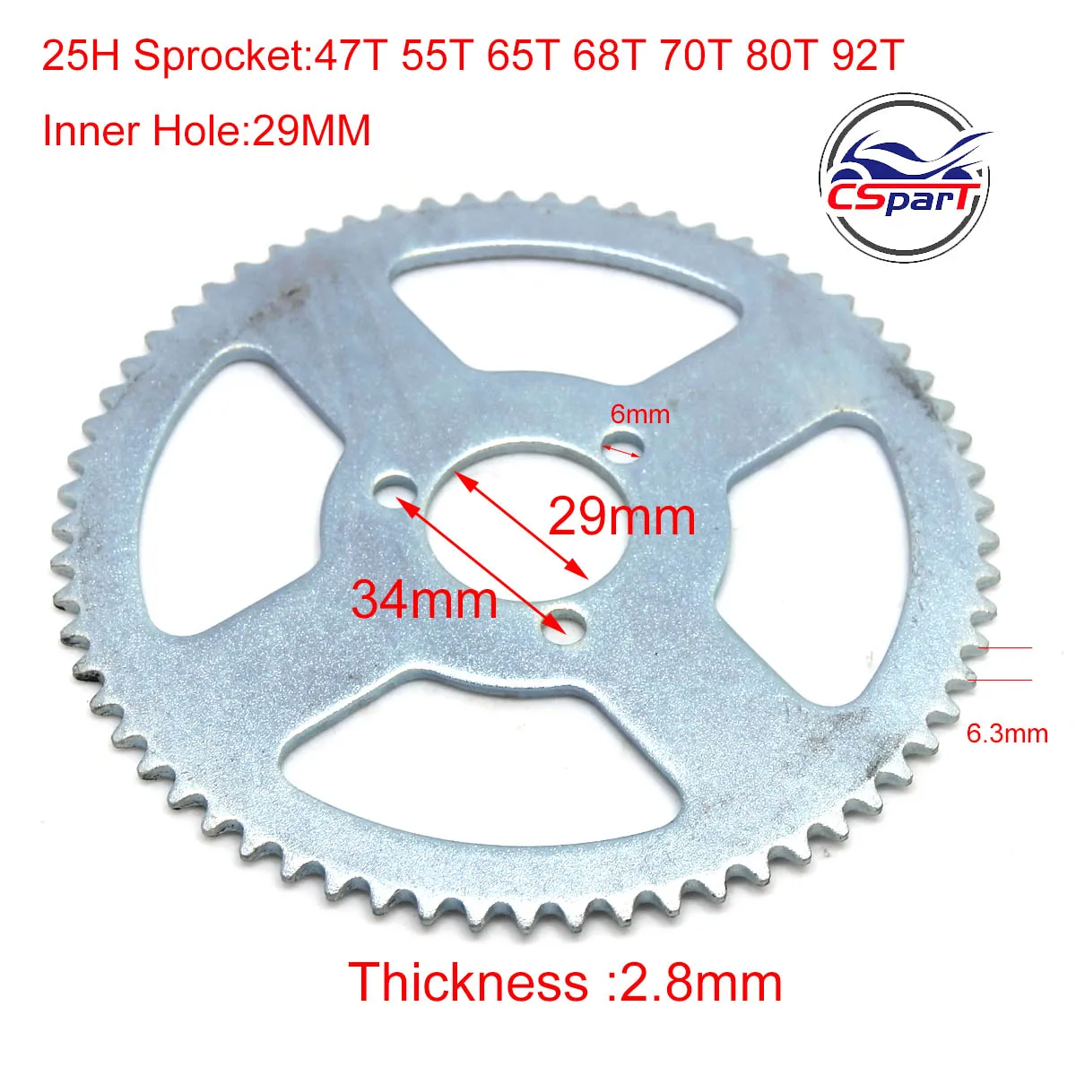 25H 47T 55T 65T 68T 70T 80T 92T 29MM Rear Sprocket Mini Moto ATV Quad ...