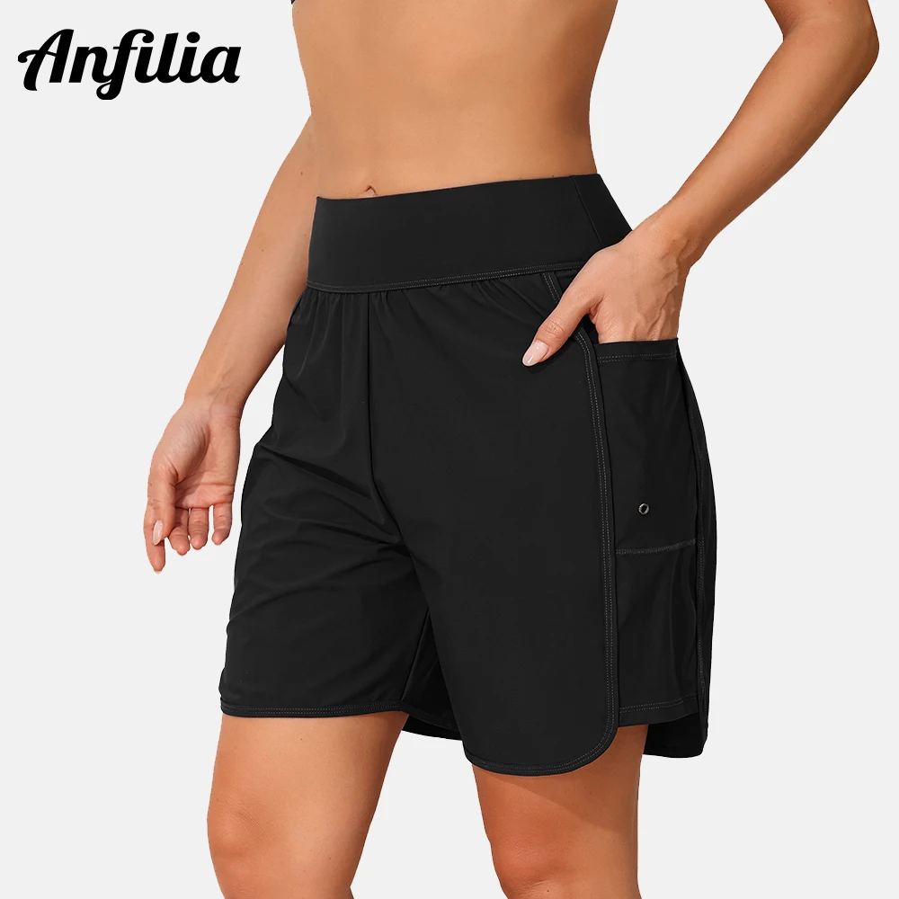 Anfilia-Women-Swimming-Trunks-Solid-2-Side-Pockets-High-Waist-Built-In ...