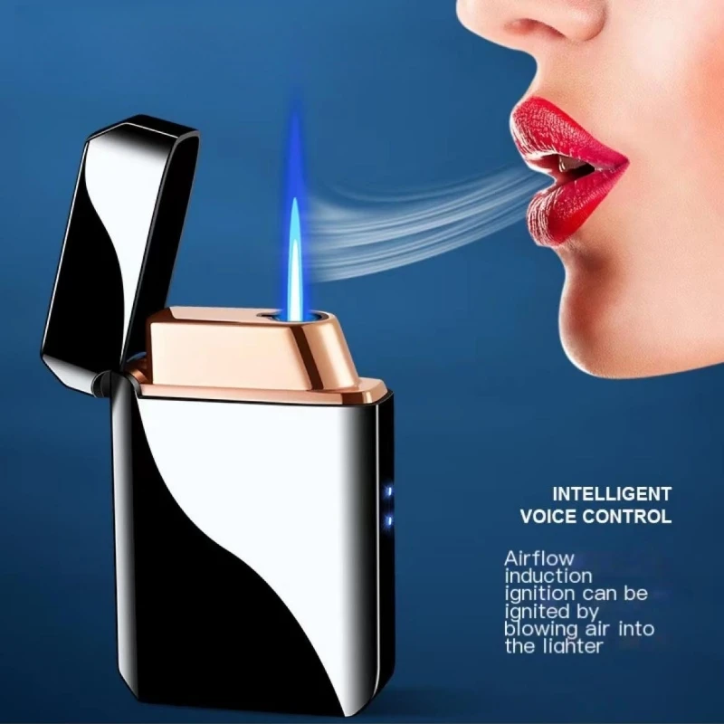 2023-Metal-Voice-Control-Windproof-Blue-Flame-Butane-Gas-Lighter ...