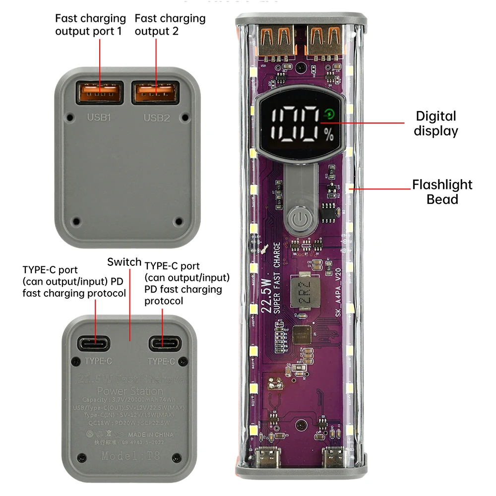 8*18650 Power Bank Case PD22.5 W Fast Charger Transparent Battery ...
