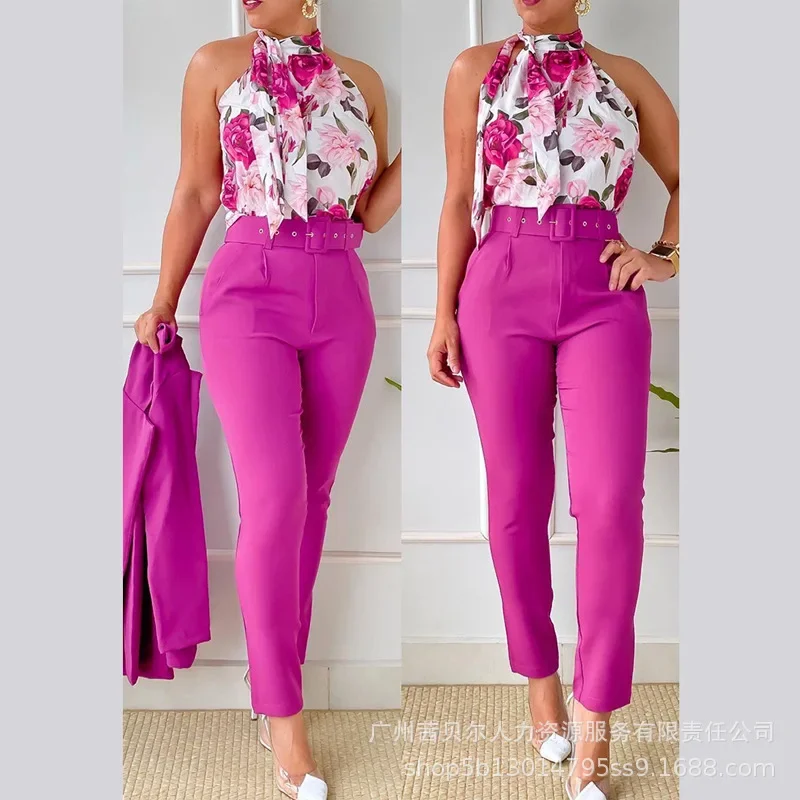 Camiseta-sin-mangas-con-estampado-Floral-y-pantalones-de-cintura-alta ...