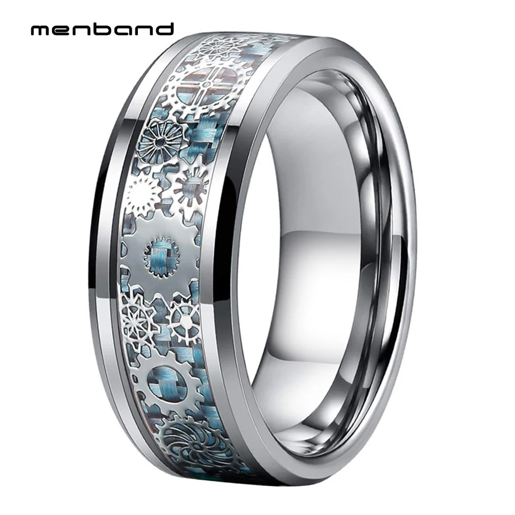 Unique 8mm Tungsten Carbide Rings Wedding Band Gear Wheel Blue Carbon ...