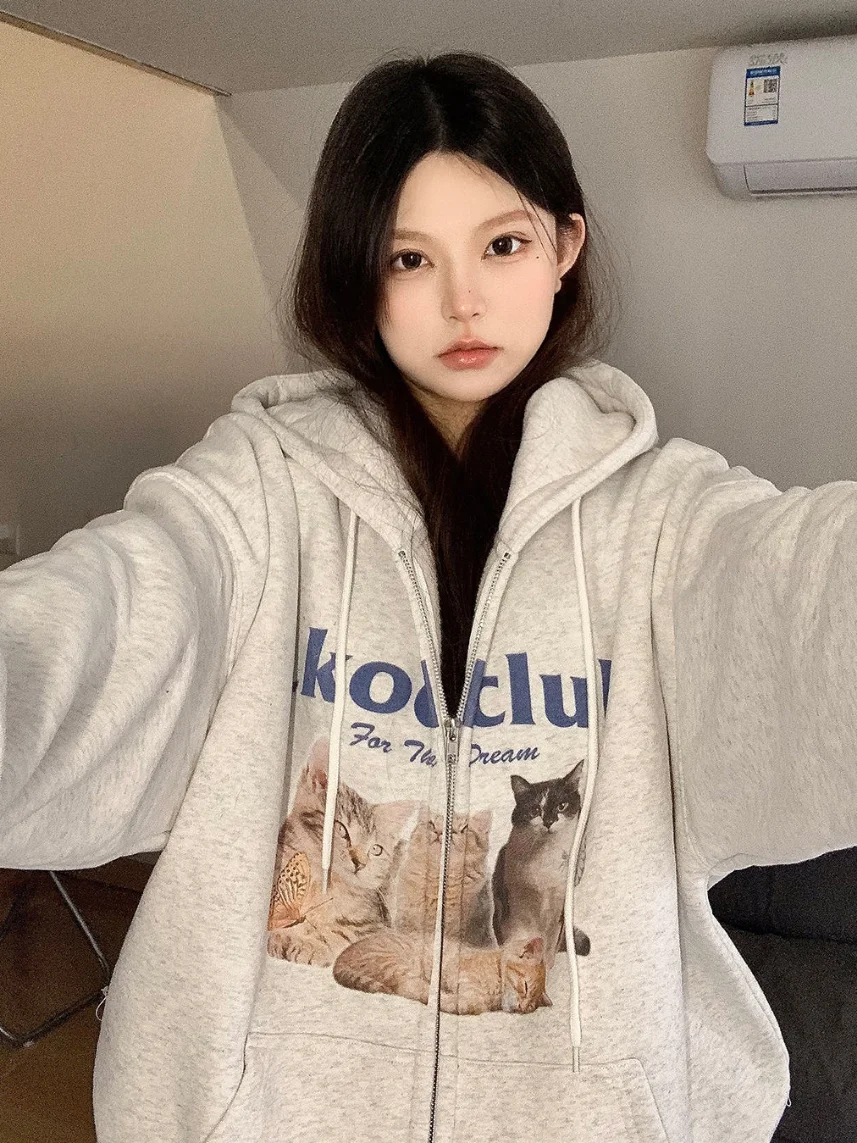 Deeptown 여성용 빈티지 집업 고양이 프린트 후드 스웻셔츠 Y2k 하라주쿠 스트리트웨어 그래픽 후드 코튼 지퍼