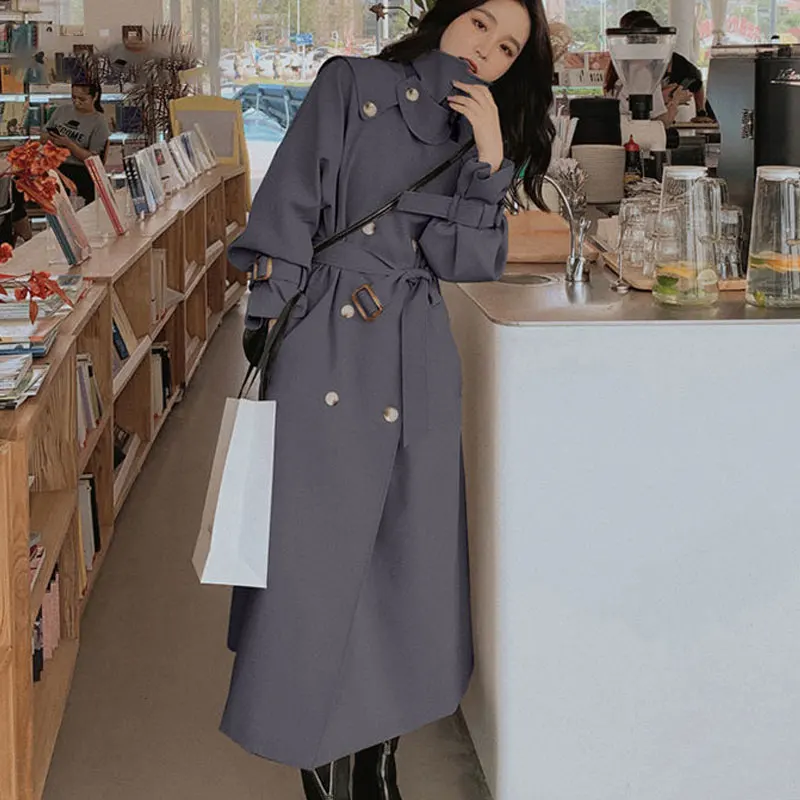 Autumn-Korean-Elegant-Mid-length-Beige-Gray-Trench-Coat-With-Belt ...