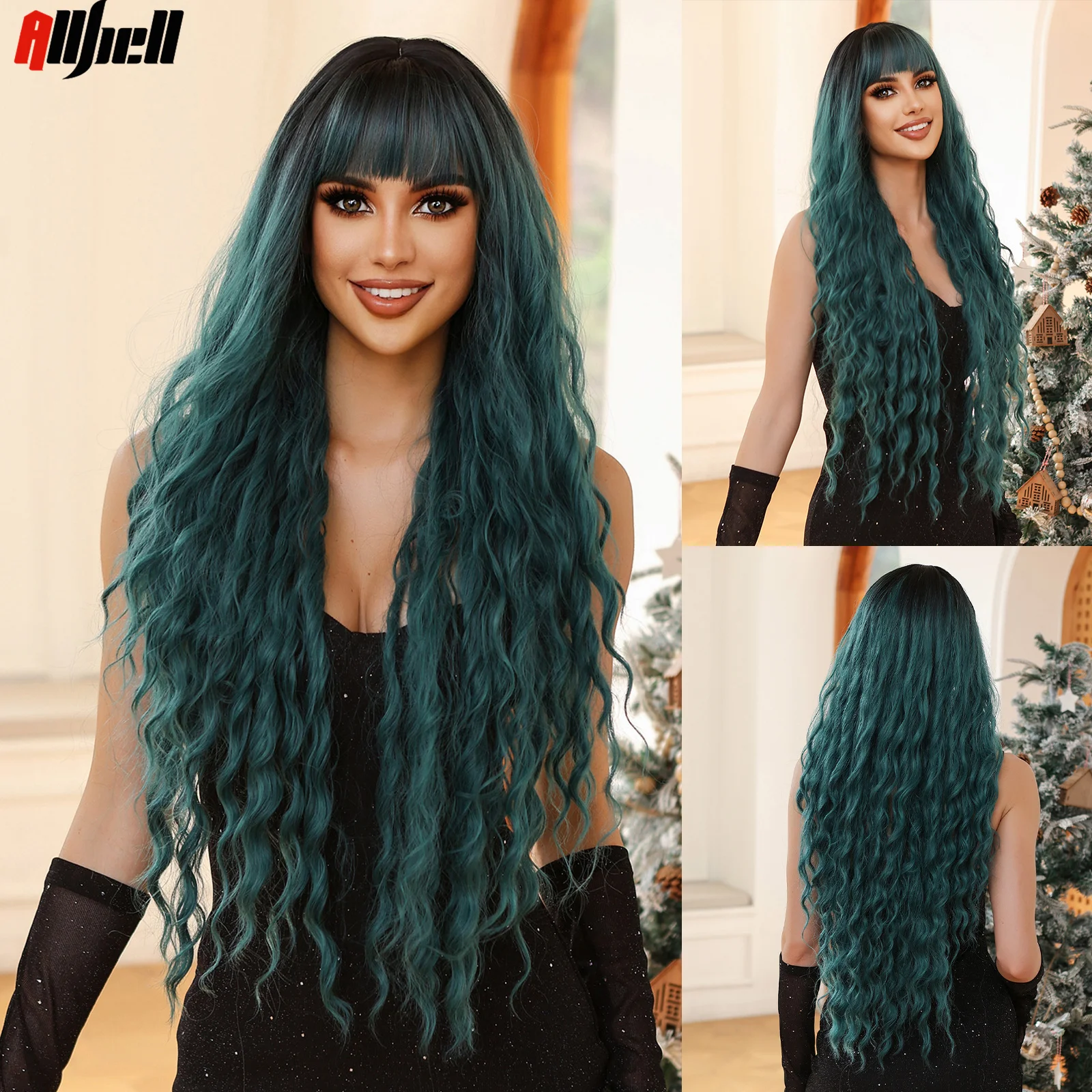 Synthetic-Ombre-Green-Colored-Cosplay-Hair-Wavy-Wig-for-Women-Long ...