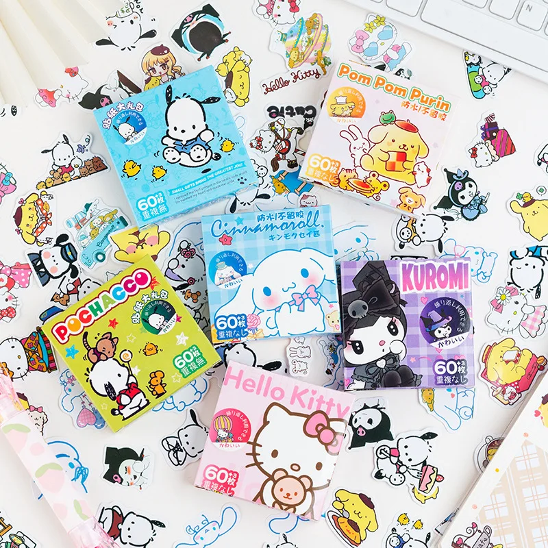 60pcs-Sanrio-Kawaii-Stickers-HelloKitty-kulomi-Cinnamoroll-Waterproof ...
