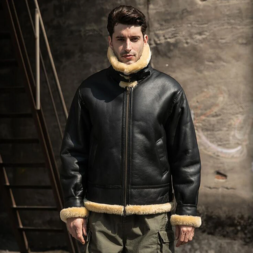 Denny&Dora Mens Shearling Jacket Thick Warm Winter Sheepskin Coat Black ...