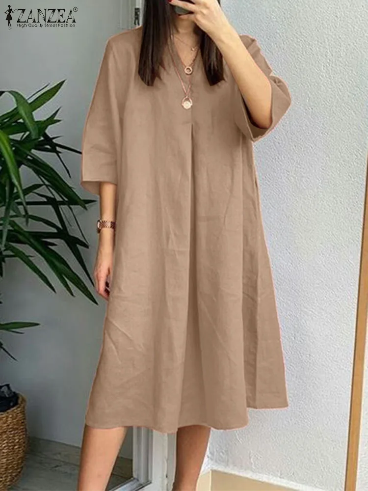 ZANZEA Summer V Neck Half Sleeve Solid Sundress Fashion Women Loose ...