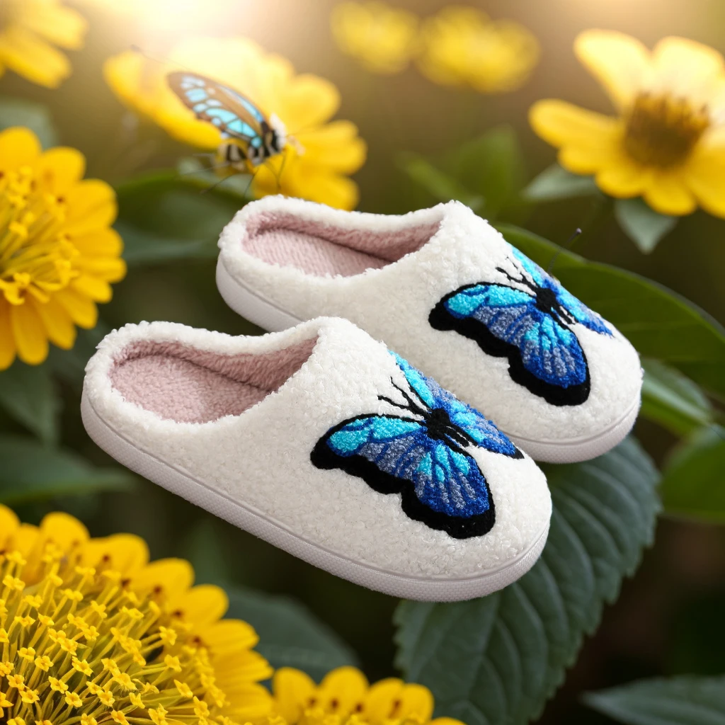 Butterfly Pattern Embroidery Plush Home Thick-Soled Comfortable Woolen ...