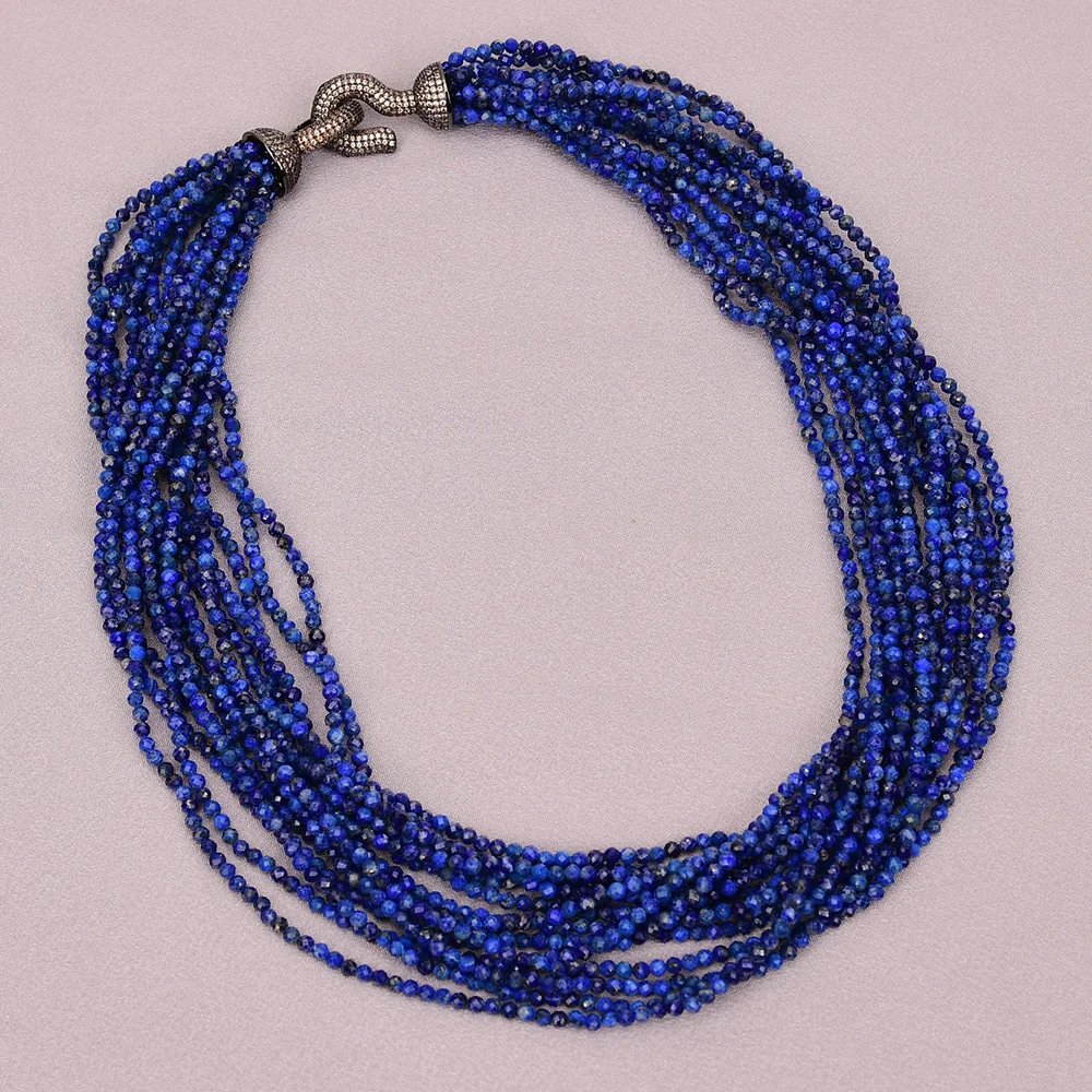 GG Multi 14 Rows Natural Blue Lapis Lazuli Faceted Round Beads Necklace ...