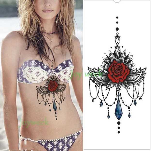 Wasserdicht-Tempor-re-T-towierung-Aufkleber-red-rose-lotus-henna-tatto-brust-flash-tatoo-gef ...