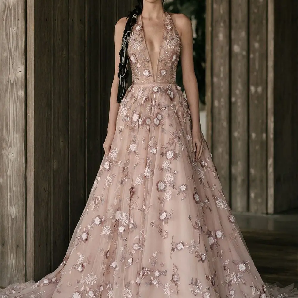 Light-Pink-Sheer-Lace-Net-Prom-Evening-Dresses-Deep-V-neck-and-Waist ...