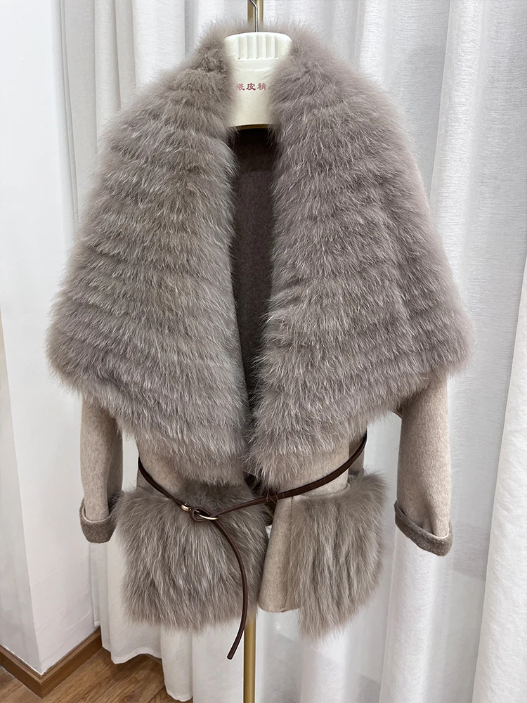 New Winter Natural Real Fox Fur Coat Big Fur Collar Cashmere Wool ...