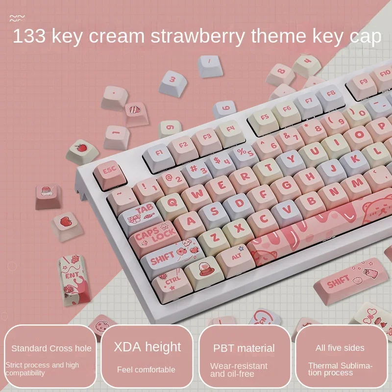 Cream-Strawberry-Theme-Keycap-133-Keys-Cute-Pink-Keycap-PTB-Five-sided ...