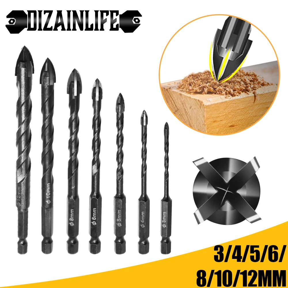 3/4/5/6/8/10/12mm Cross Hex Tile Drill Bits For Glass Ceramic Concrete Hole Opener Hard Alloy ...