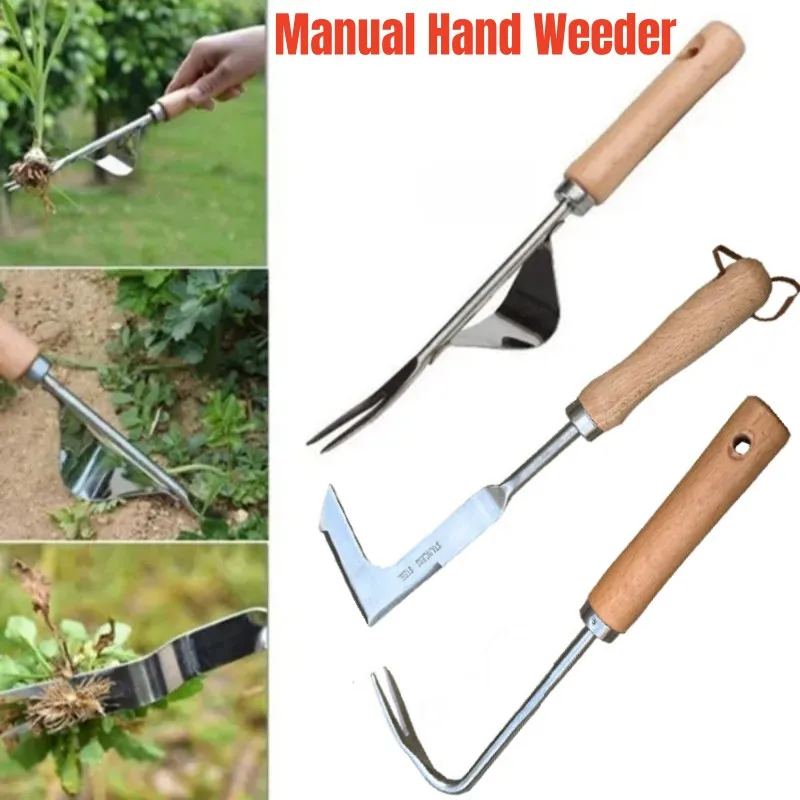 Stainless-Steel-Wood-Handle-Garden-Weeder-Hand-Weeding-Removal-Cutter ...