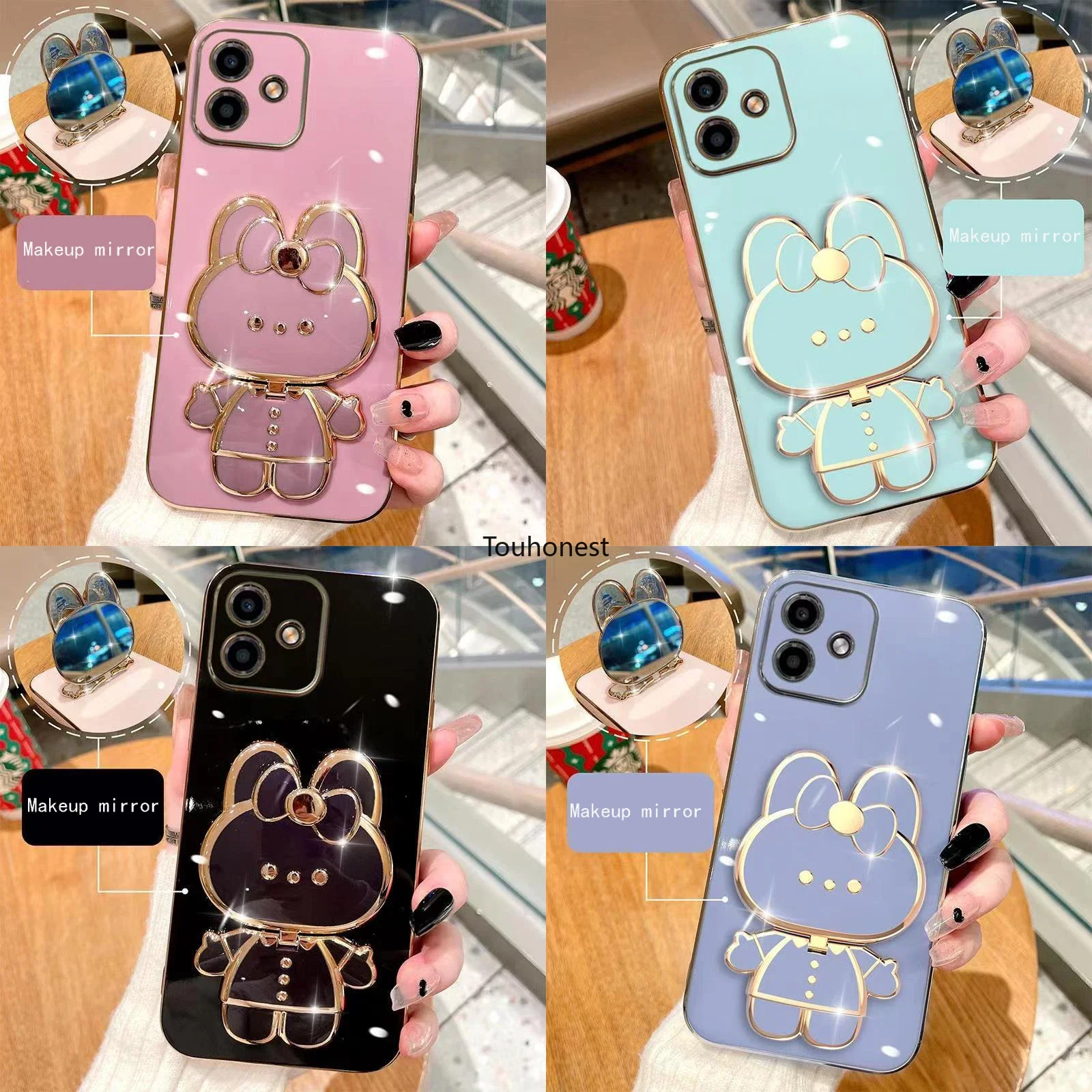 Cute Bunny Vanity Mirror Phone Case with Stand and Cartoon Design for ...