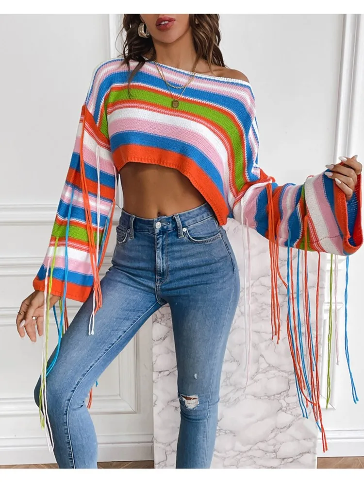 Spring And Autumn Fashion Pullover Sweater New Women's Rainbow Striped ...